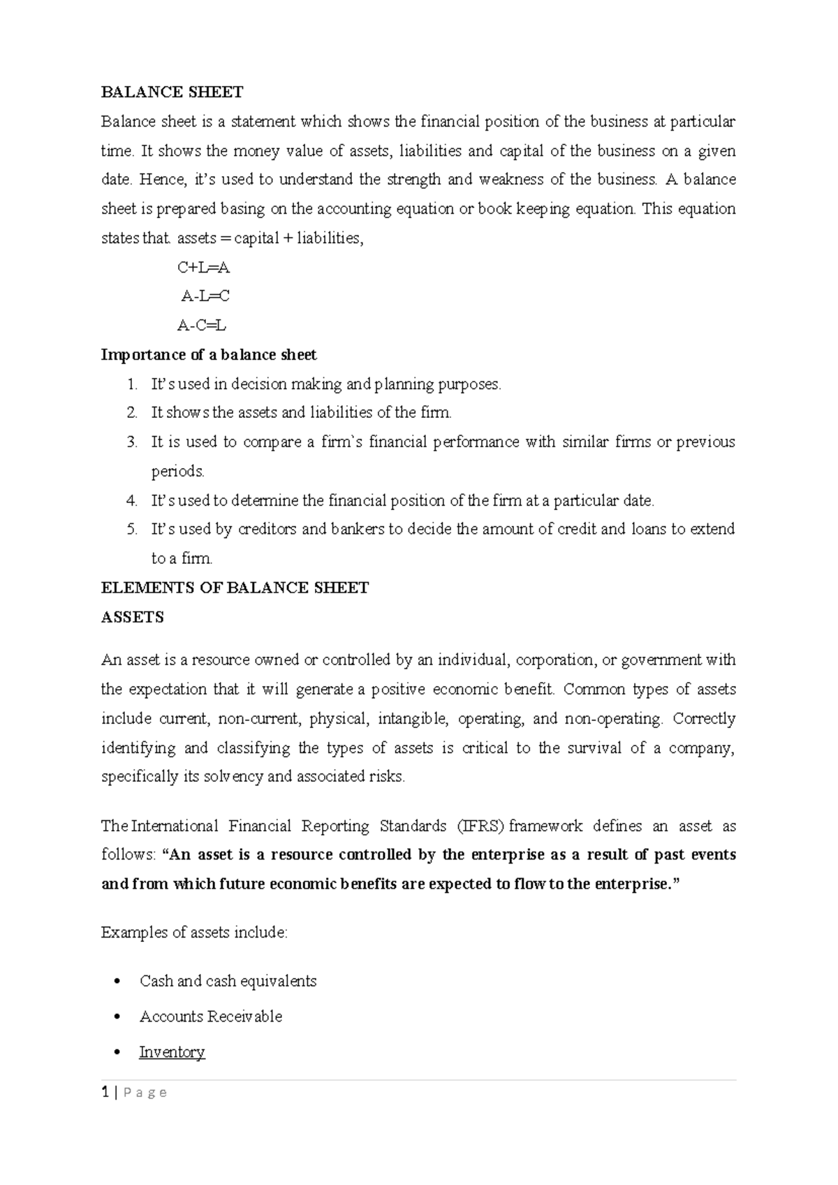 Balance Sheet final - notes - BALANCE SHEET Balance sheet is a ...