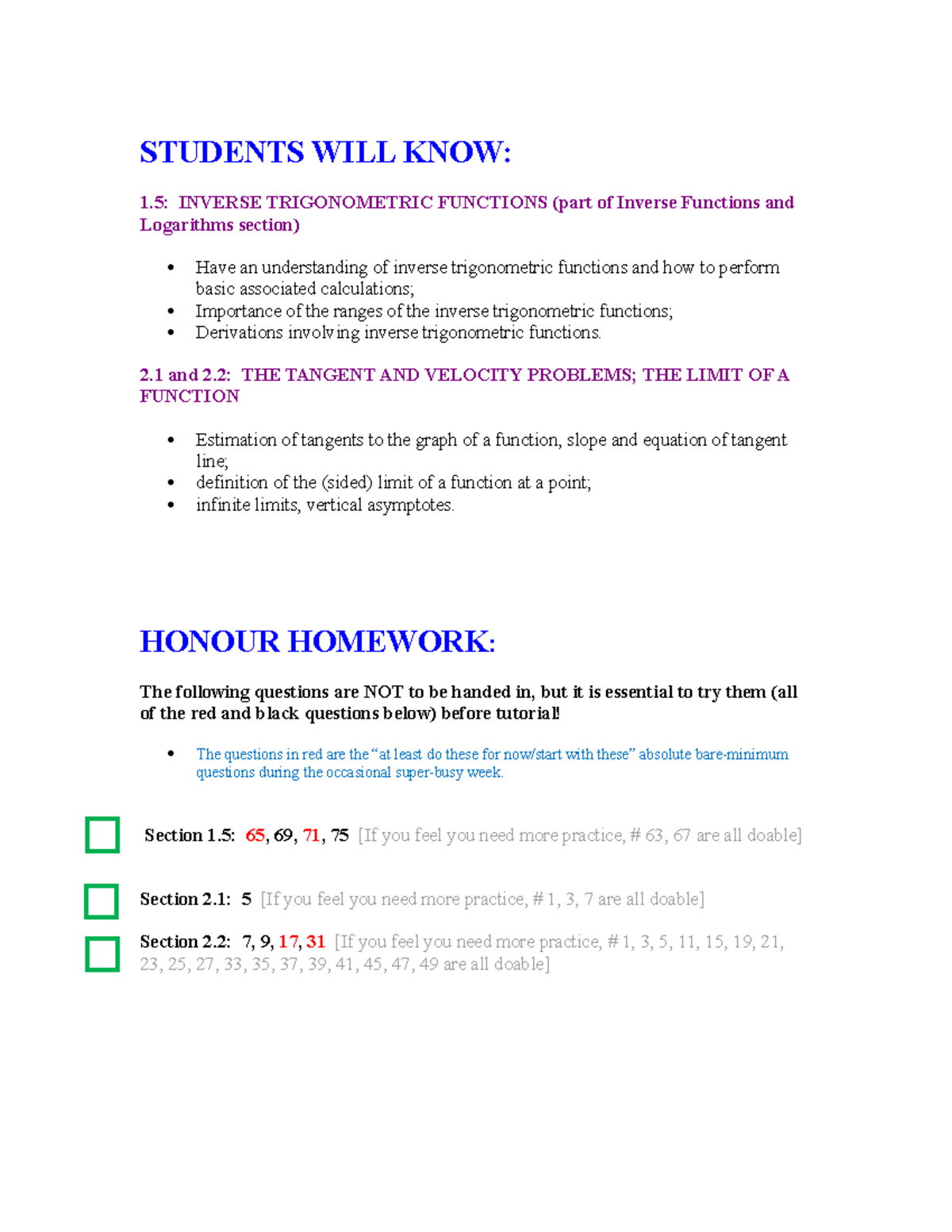 Calc Homework 1 - STUDENTS WILL KNOW: 1: INVERSE TRIGONOMETRIC ...