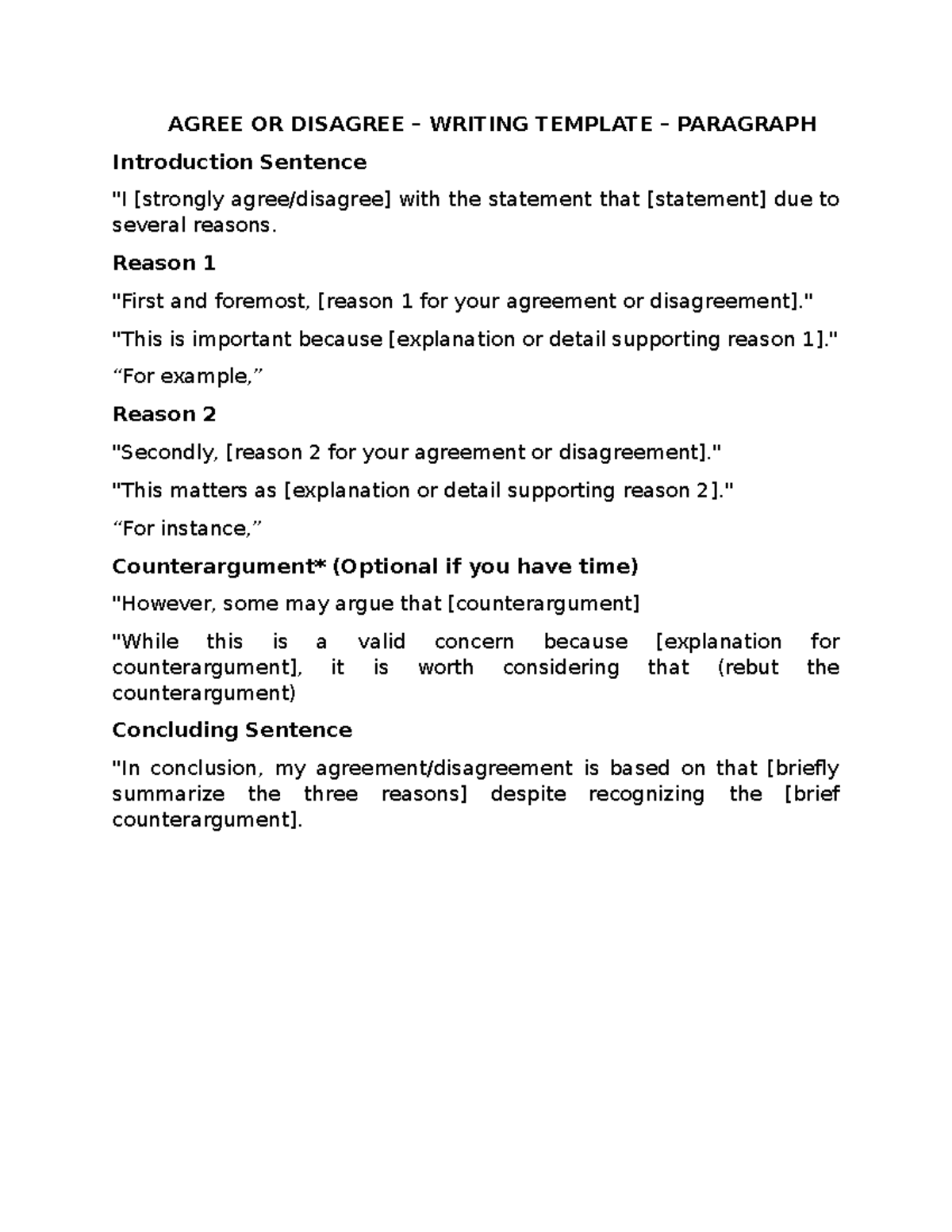 English for student - AGREE OR DISAGREE – WRITING TEMPLATE – PARAGRAPH ...