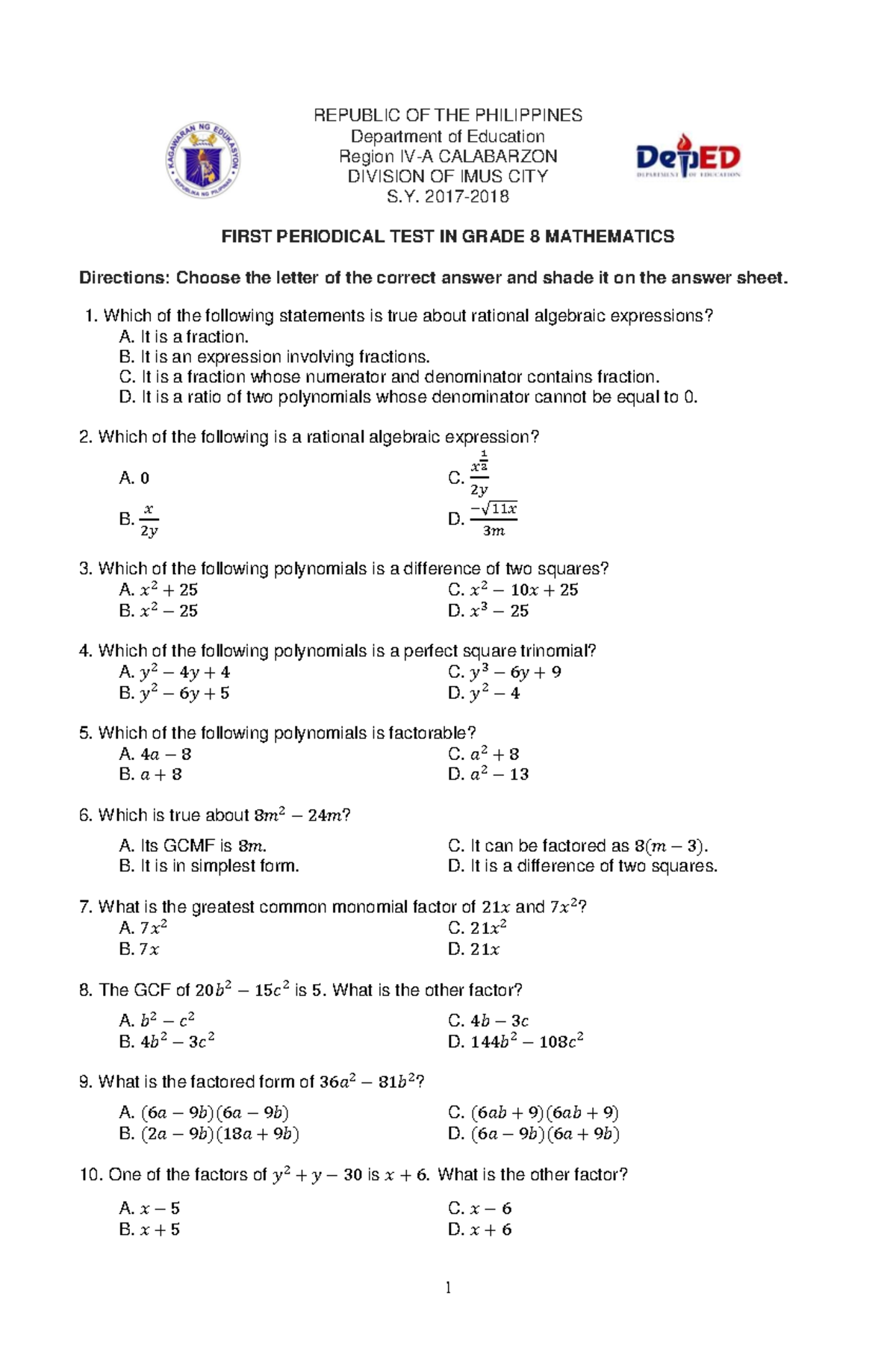 1st periodical test in math 8 - REPUBLIC OF THE PHILIPPINES Department ...