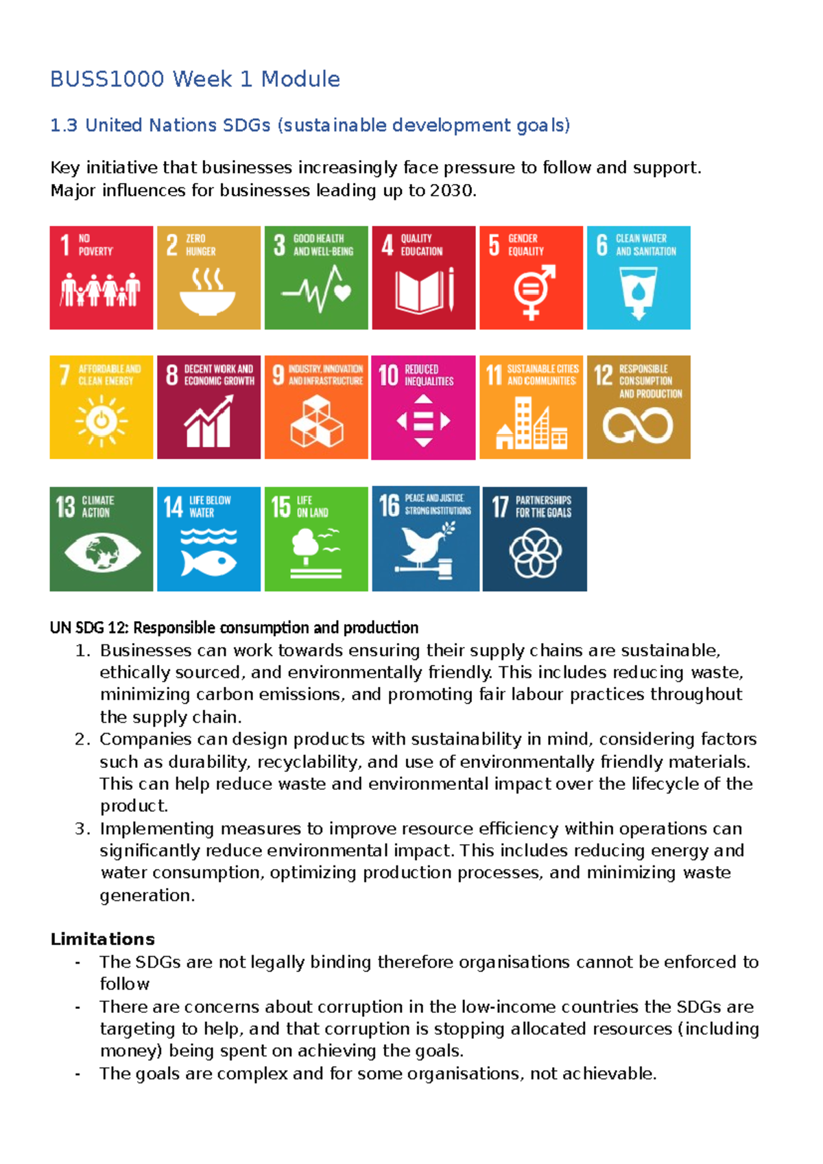 BUSS1000 WK1 Module - BUSS1000 Week 1 Module 1 United Nations SDGs ...
