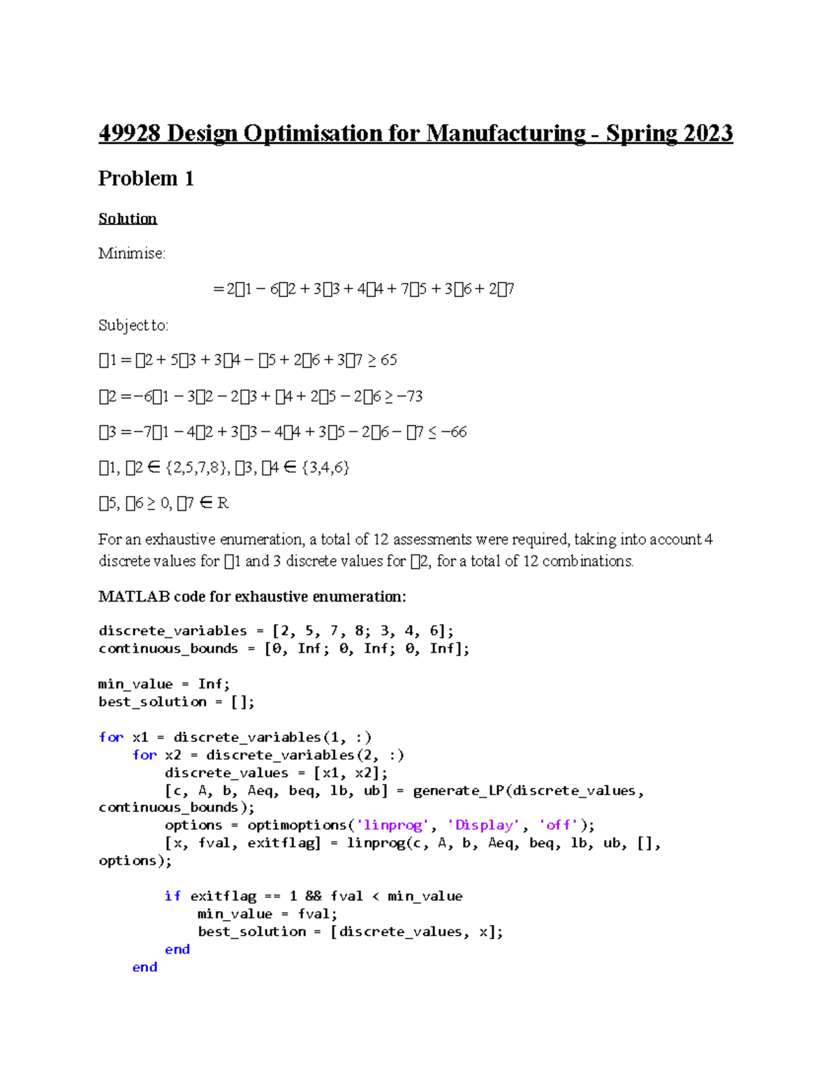 Assignment 4- Discrete Optimisation - 49928 Design Optimisation for Manufacturing - Spring 2023 ...