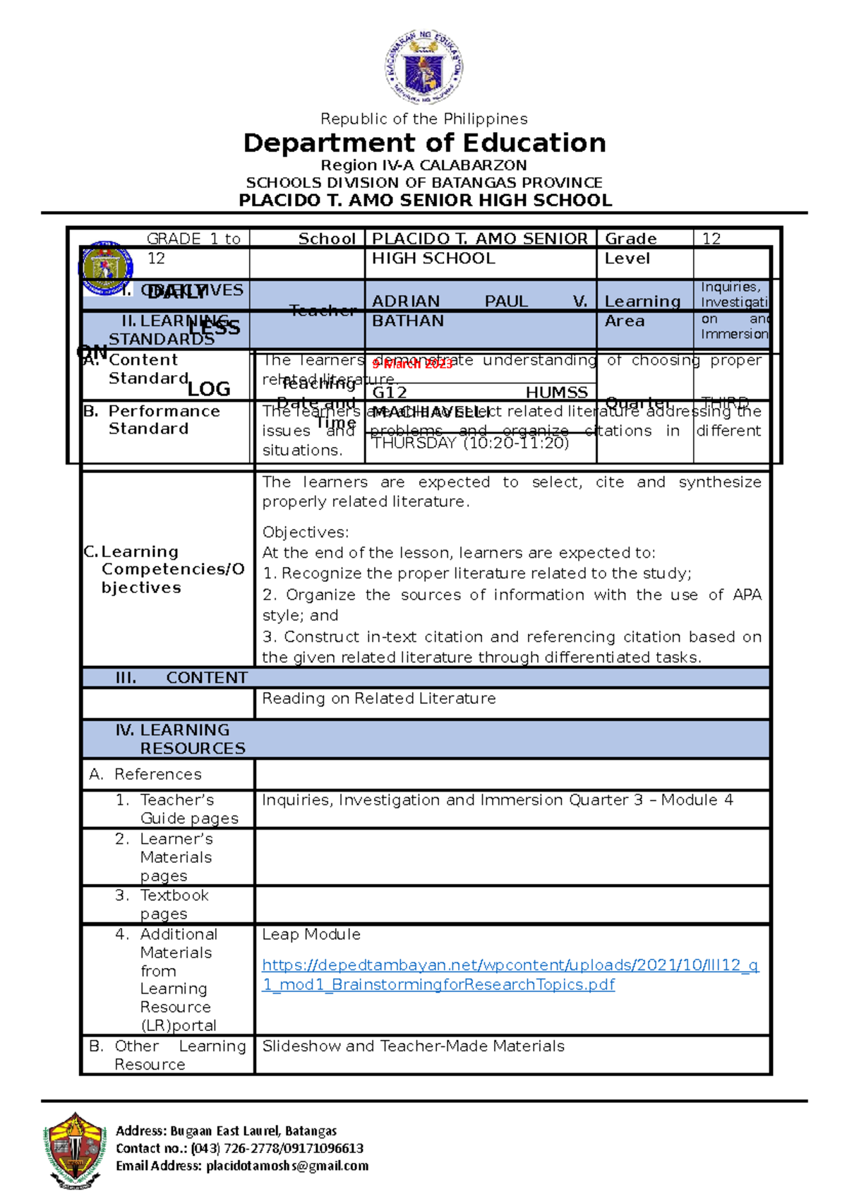 DLL- Format- Final - DLP - Department of Education Region IV-A ...