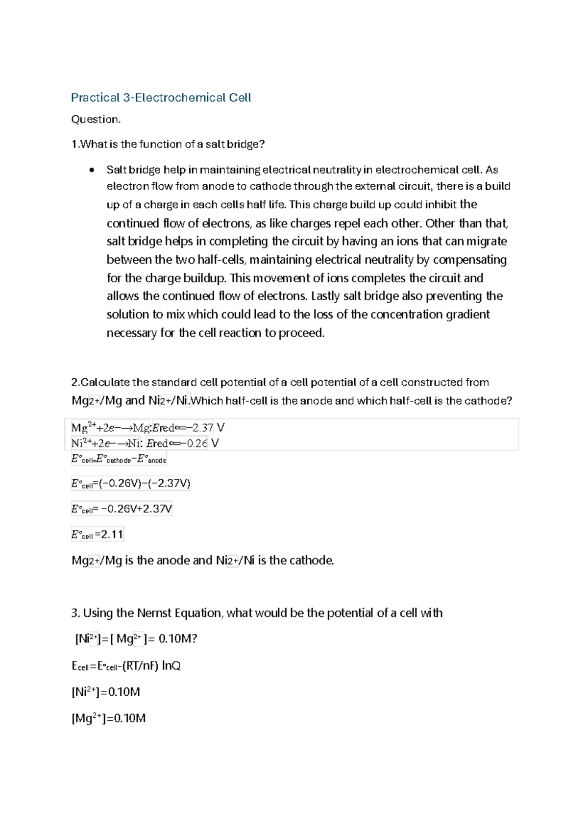 Practical 3 chm - aksncknxkcc - Practical 3-Electrochemical Cell ...