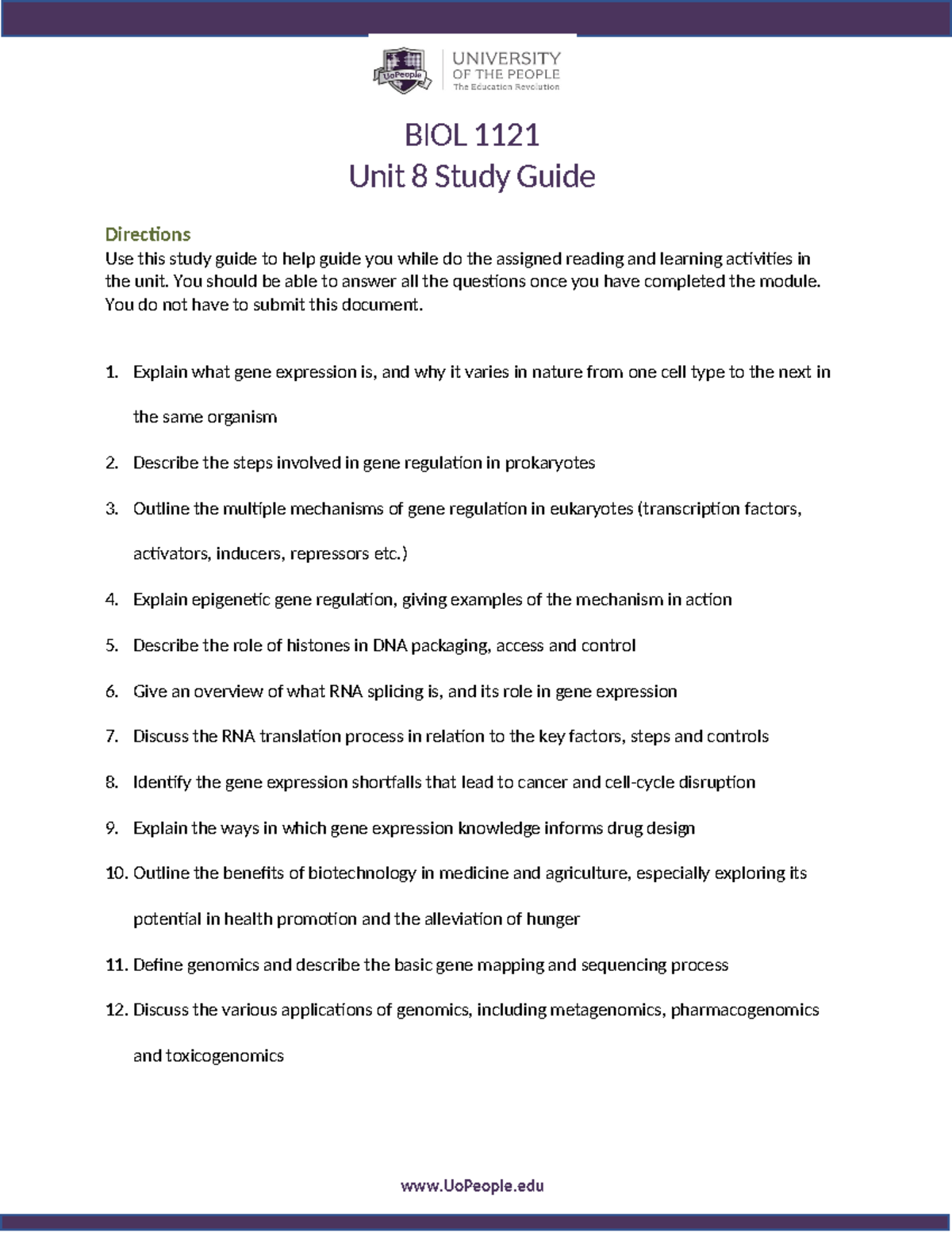 BIOL1121 Unit 8 Study Guide - BIOL 1121 Unit 8 Study Guide Directions Use this study guide to ...