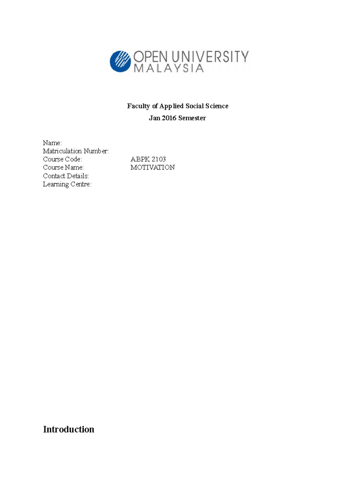 ABPK 2103 - OUM Assignment - Faculty of Applied Social Science Jan 2016 ...