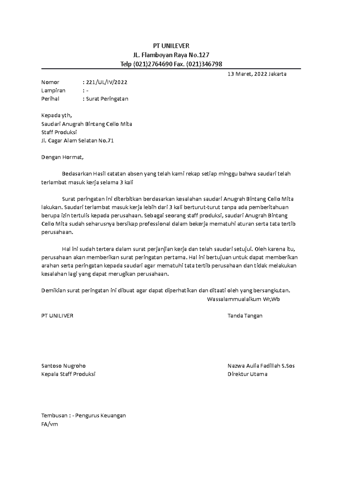 Kepegawaian bentuk surat indented syle (bentuk lekuk) PT Unilever - PT ...