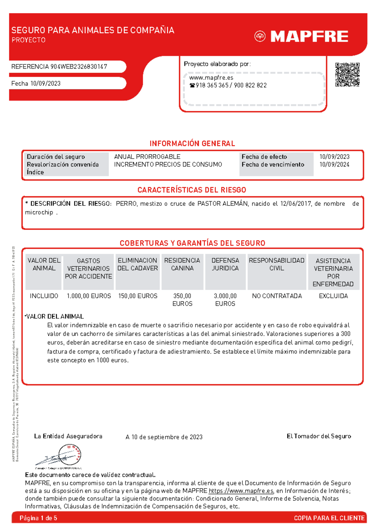 Presupuesto Mapfre Mascotas - MAPFRE ESPAÑA, Compañía de Seguros y Reaseguros, S. Registro ...