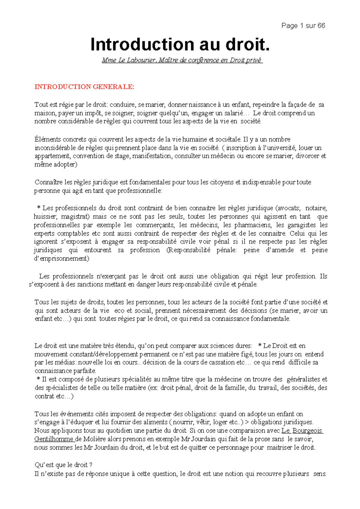 Copie de Cours d’Introduction au Droit - Page 1 sur 66 Introduction au droit. Mme Le Labourier ...