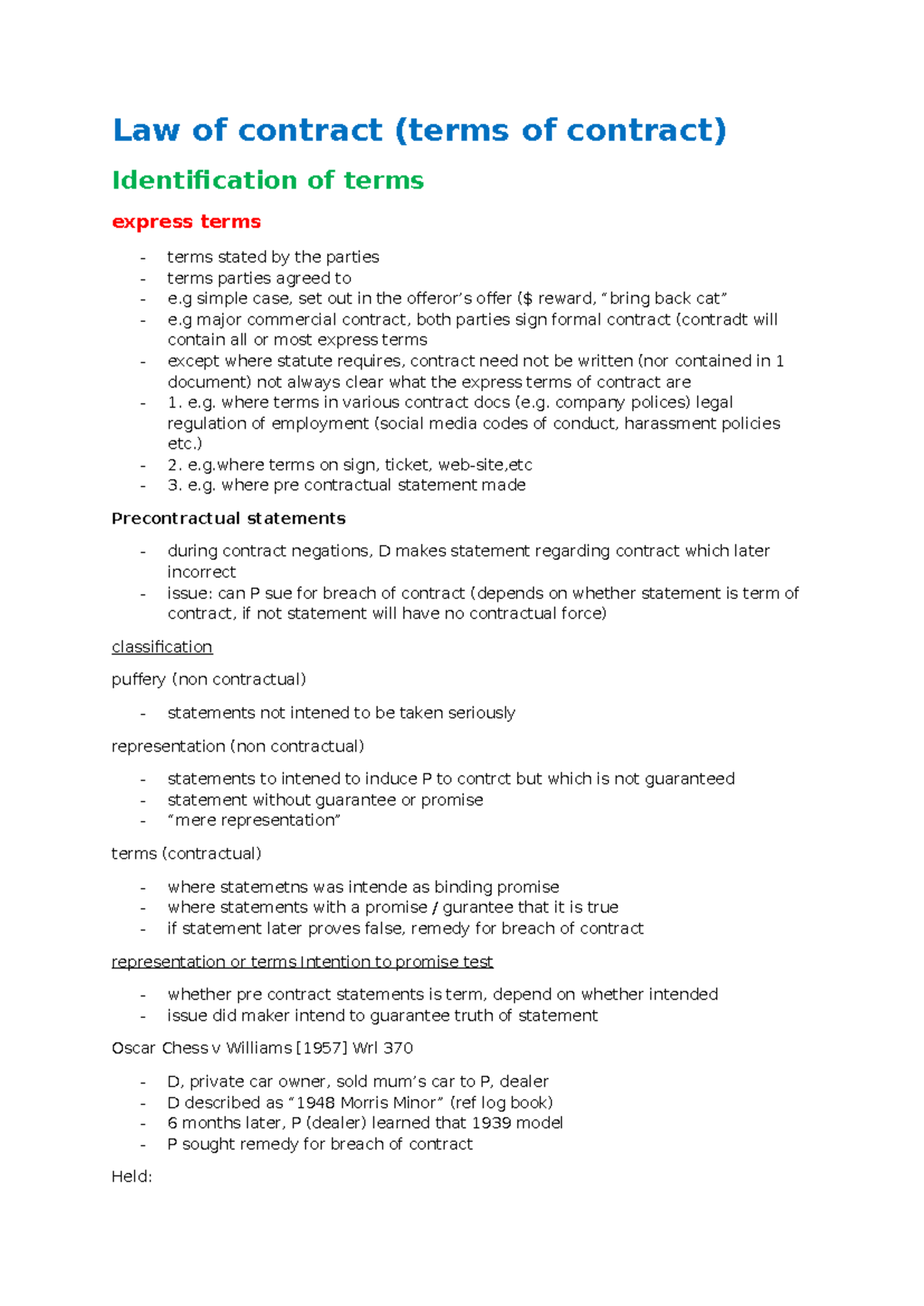 Final Exam notes - sdjkfsnkfd - Law of contract (terms of contract ...