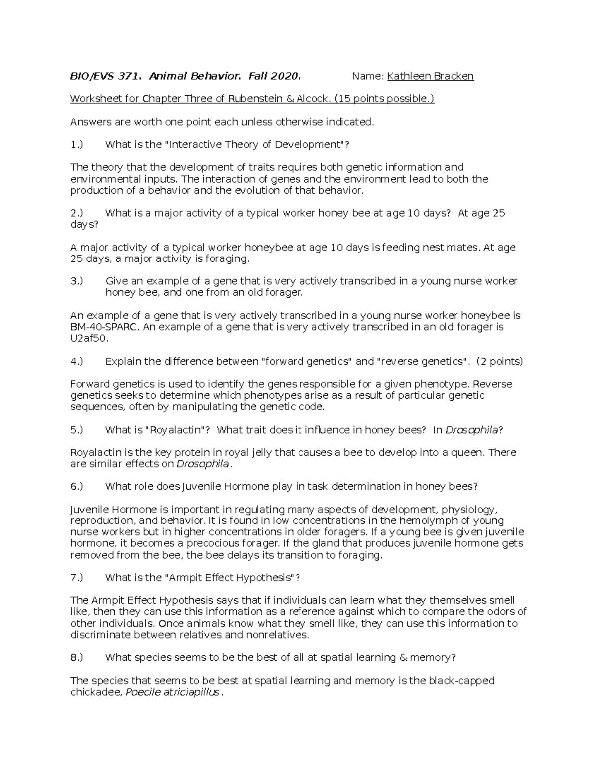 Ch. 3 Worksheet, Rubenstein & Alcock - BIO/EVS 371. Animal Behavior ...