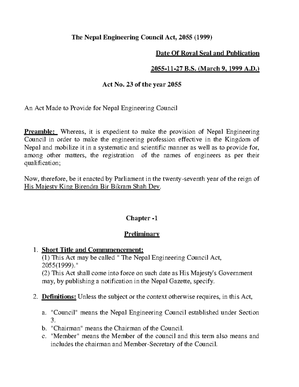 The Nepal Engineering Council Act - (March 9, 1999 A.) Act No. 23 of ...