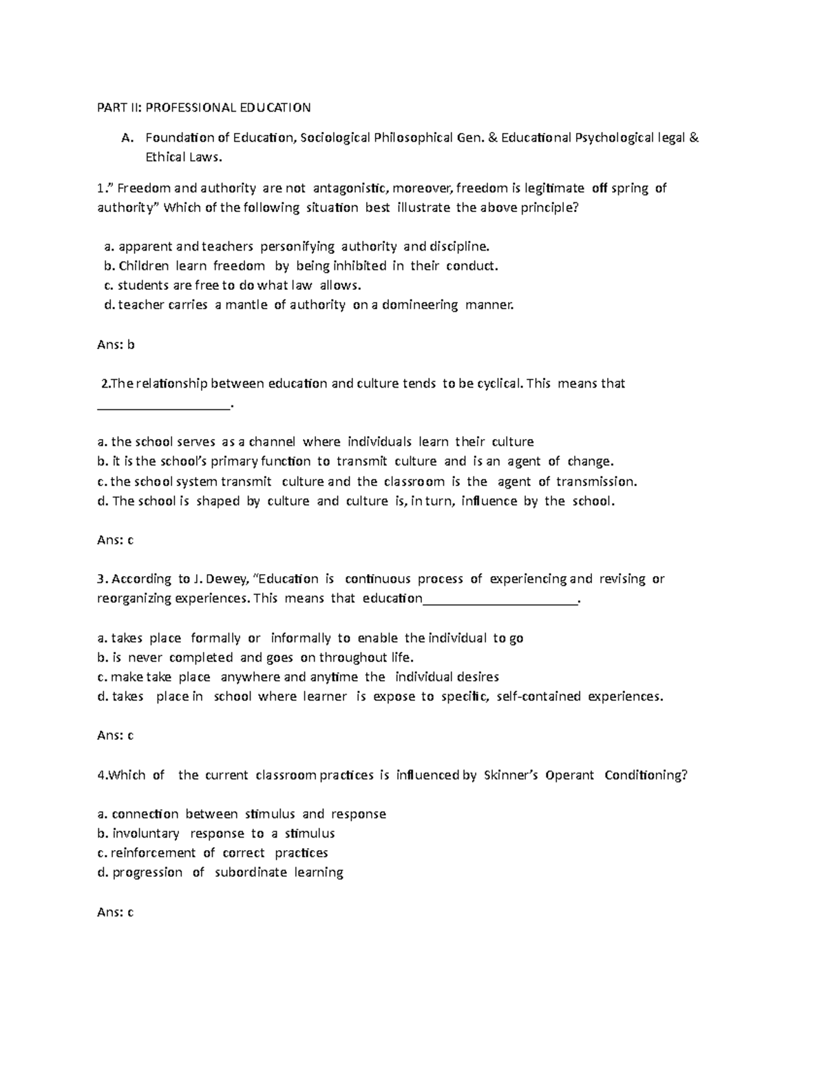 Prof ED 30 Questions with Answer - PART II: PROFESSIONAL EDUCATION A ...