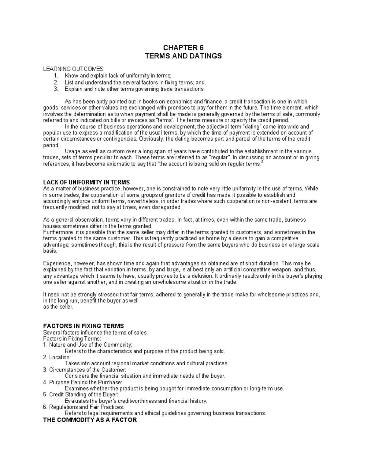 Chapter 6 Credit and Collection - CHAPTER 6 TERMS AND DATINGS LEARNING OUTCOMES 1. Know and ...