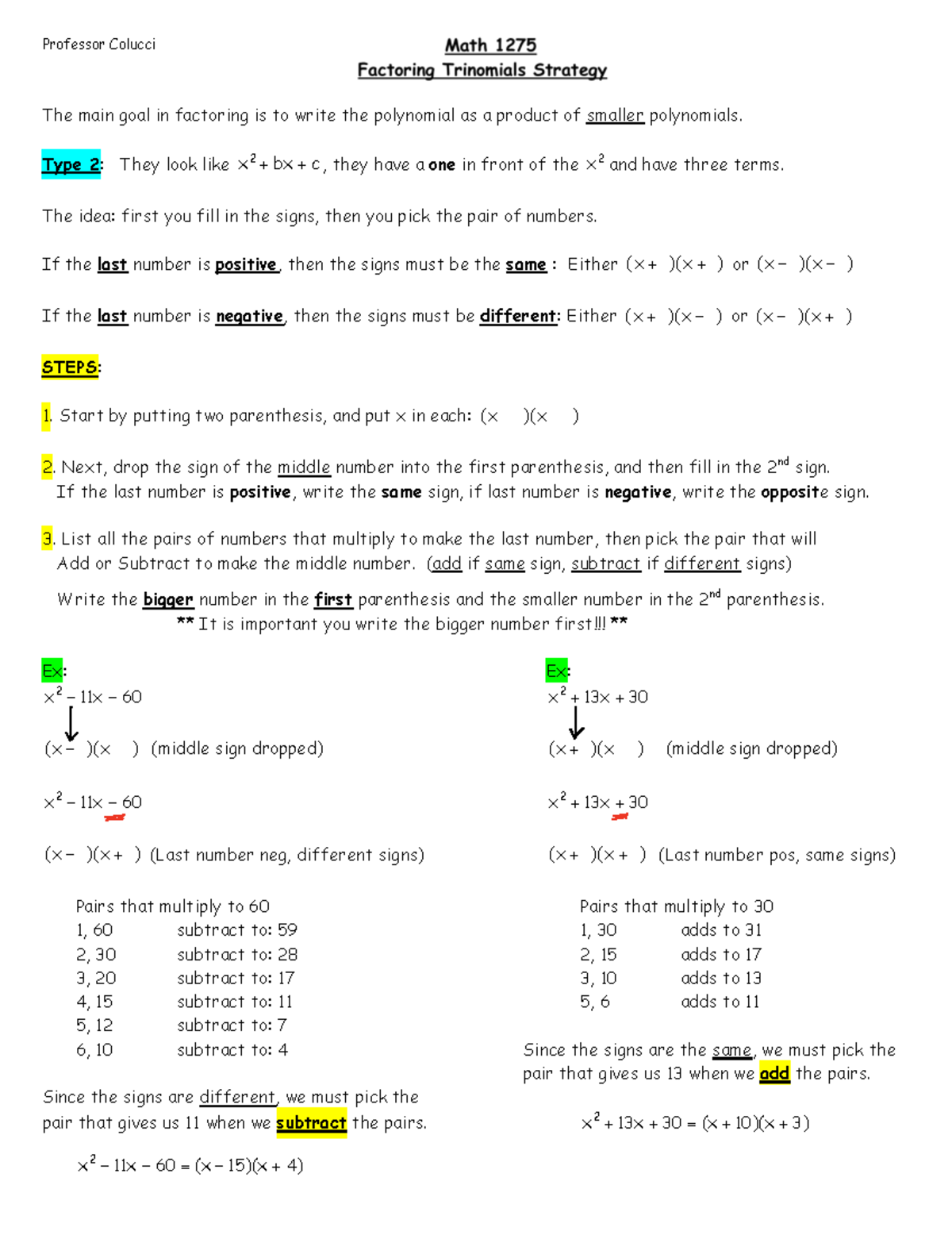 MA1275-Lesson 2 (Factor Trinomial) - Professor Colucci Math 065 ...