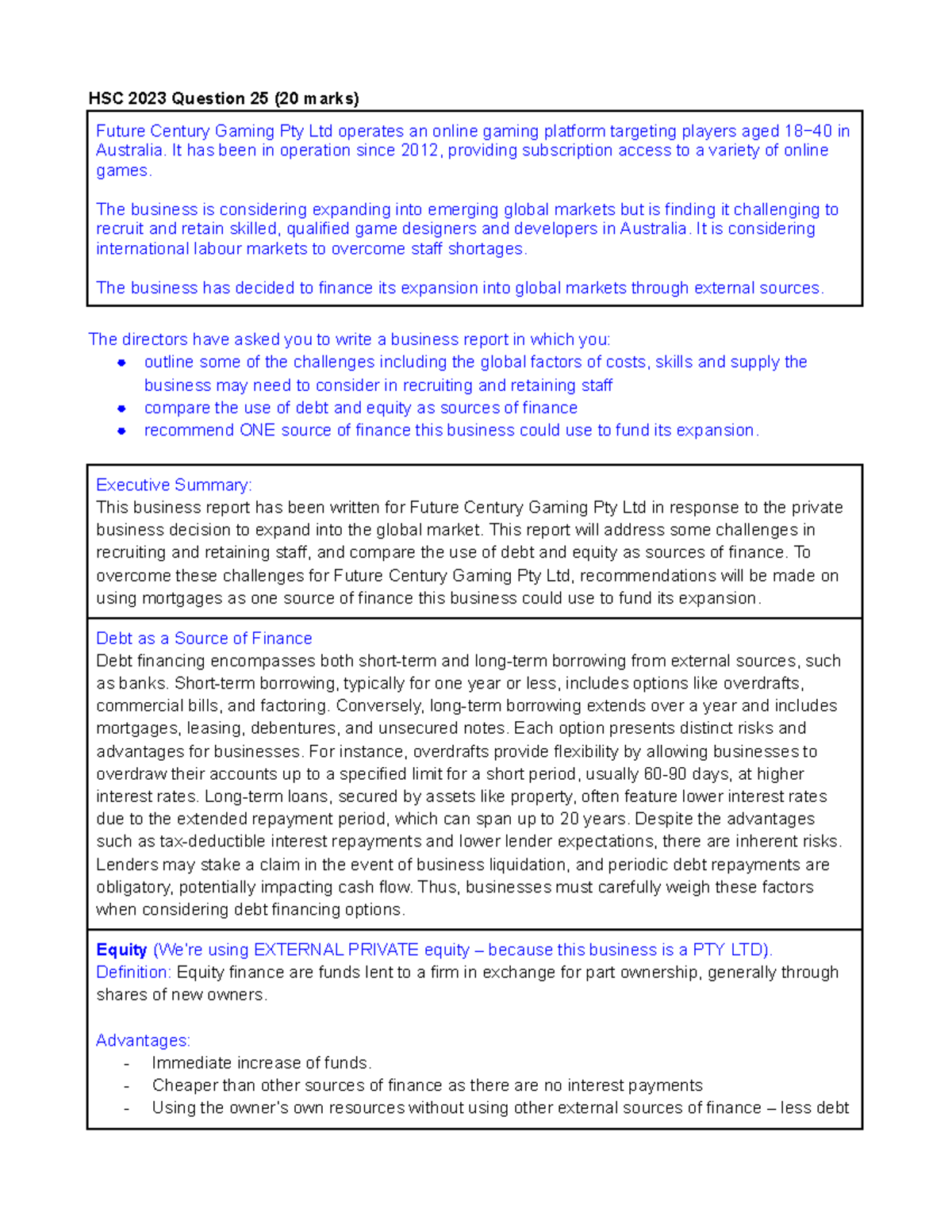 2023 HSC Business Report - HSC 2023 Question 25 (20 marks) Future ...