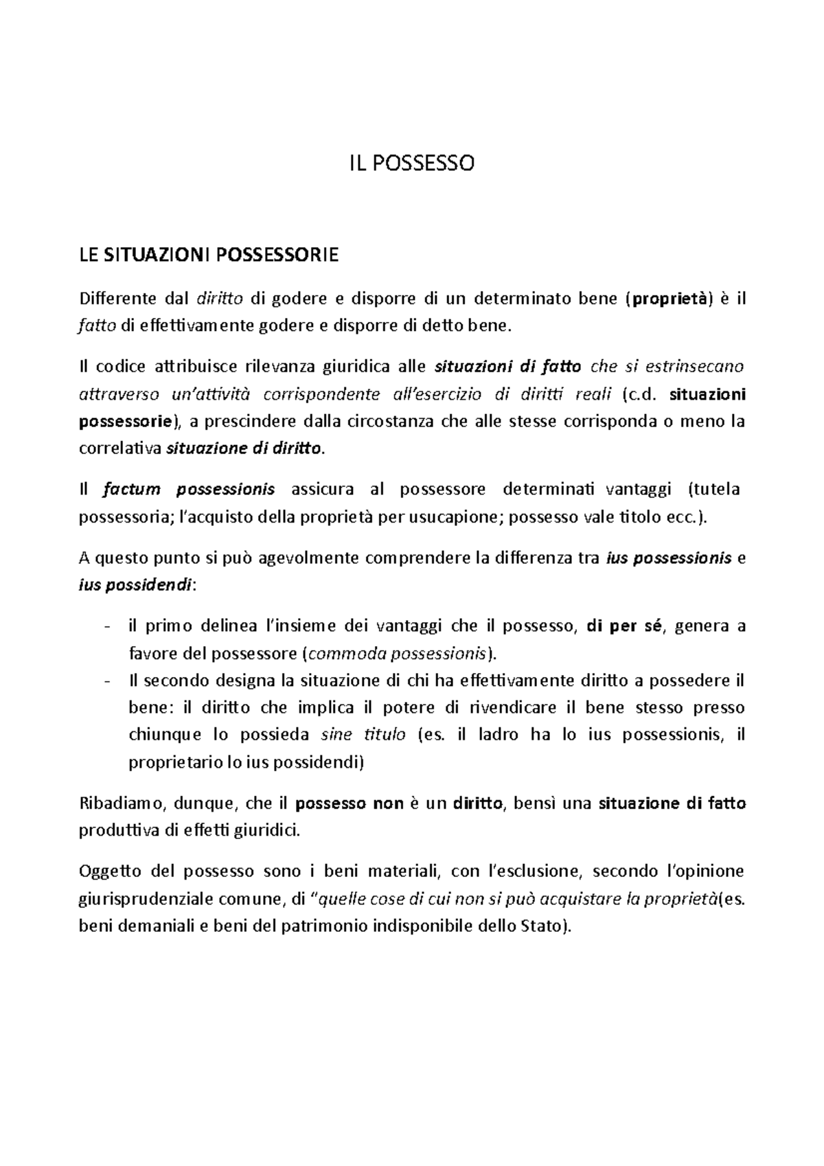 Il possesso - Riassunto Manuale di diritto privato - IL POSSESSO LE ...