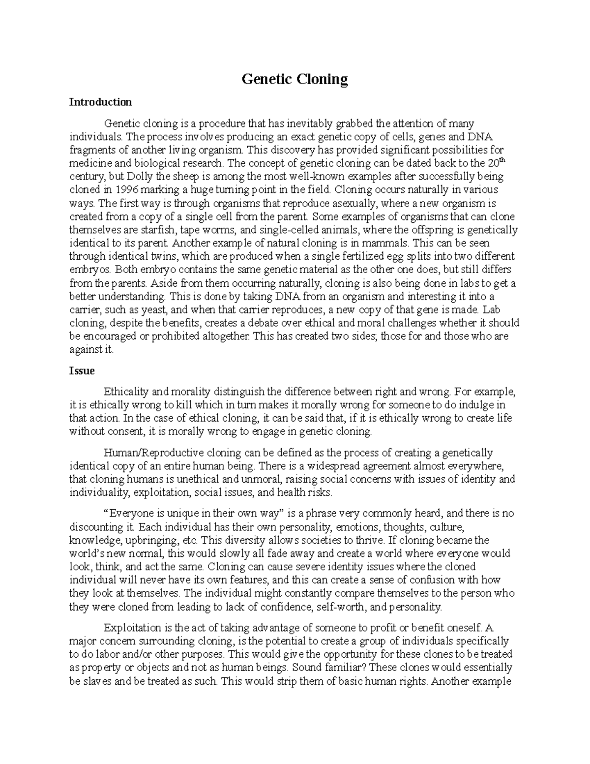 Genetic Cloning - Essay 1 - Genetic Cloning Introduction Genetic ...