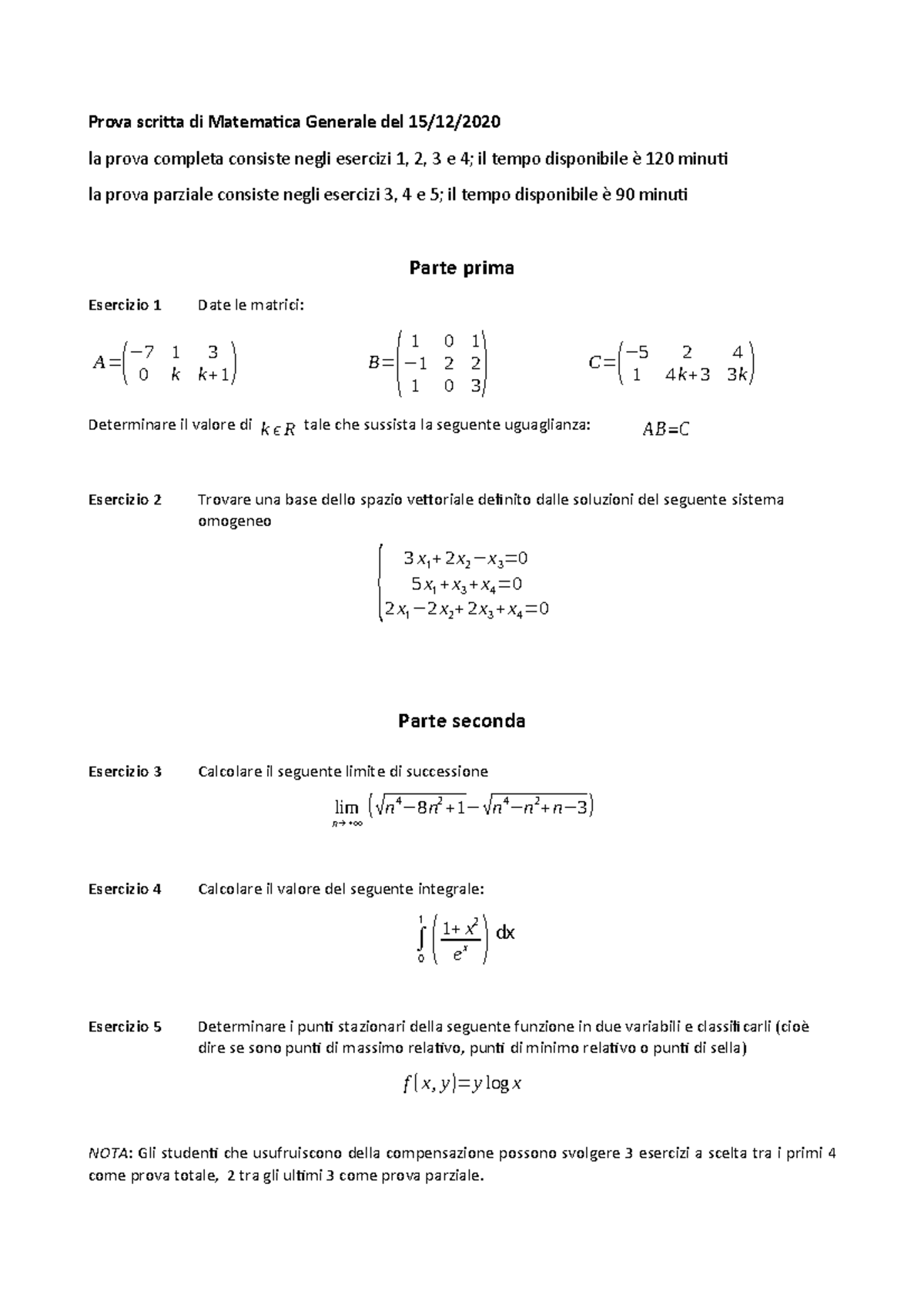 Esame matematica generale 2020\2021 - Prova scri a di Matema ca Generale del 15/12/ la prova ...
