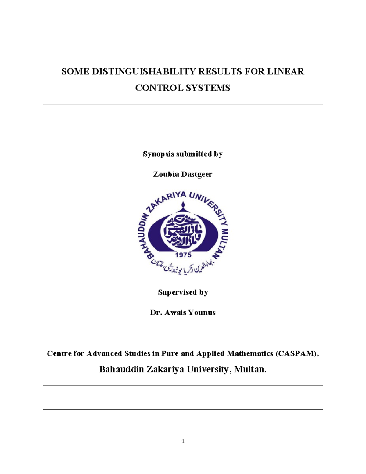 Synopsis 090520221453 - SOME DISTINGUISHABILITY RESULTS FOR LINEAR CONTROL SYSTEMS Synopsis ...