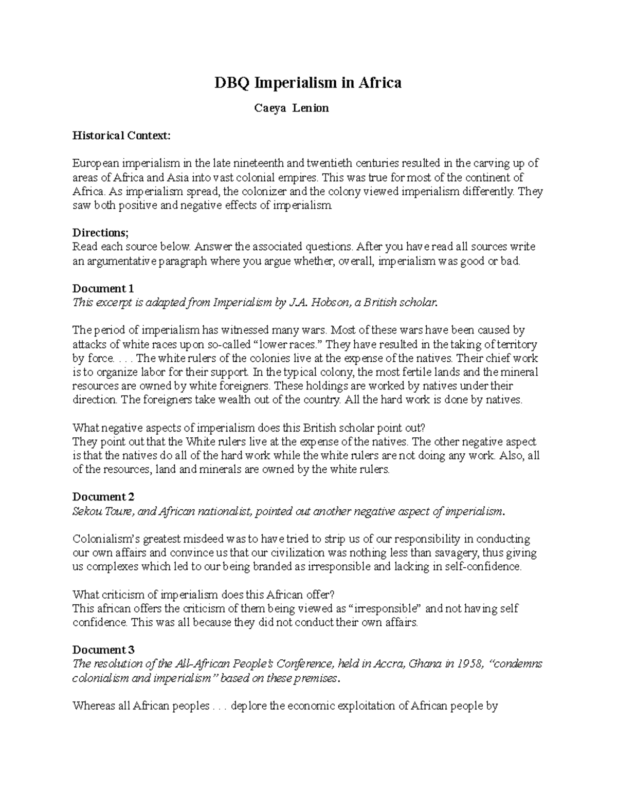 DBQ Imperialism in Africa - DBQ Imperialism in Africa Caeya Lenion ...