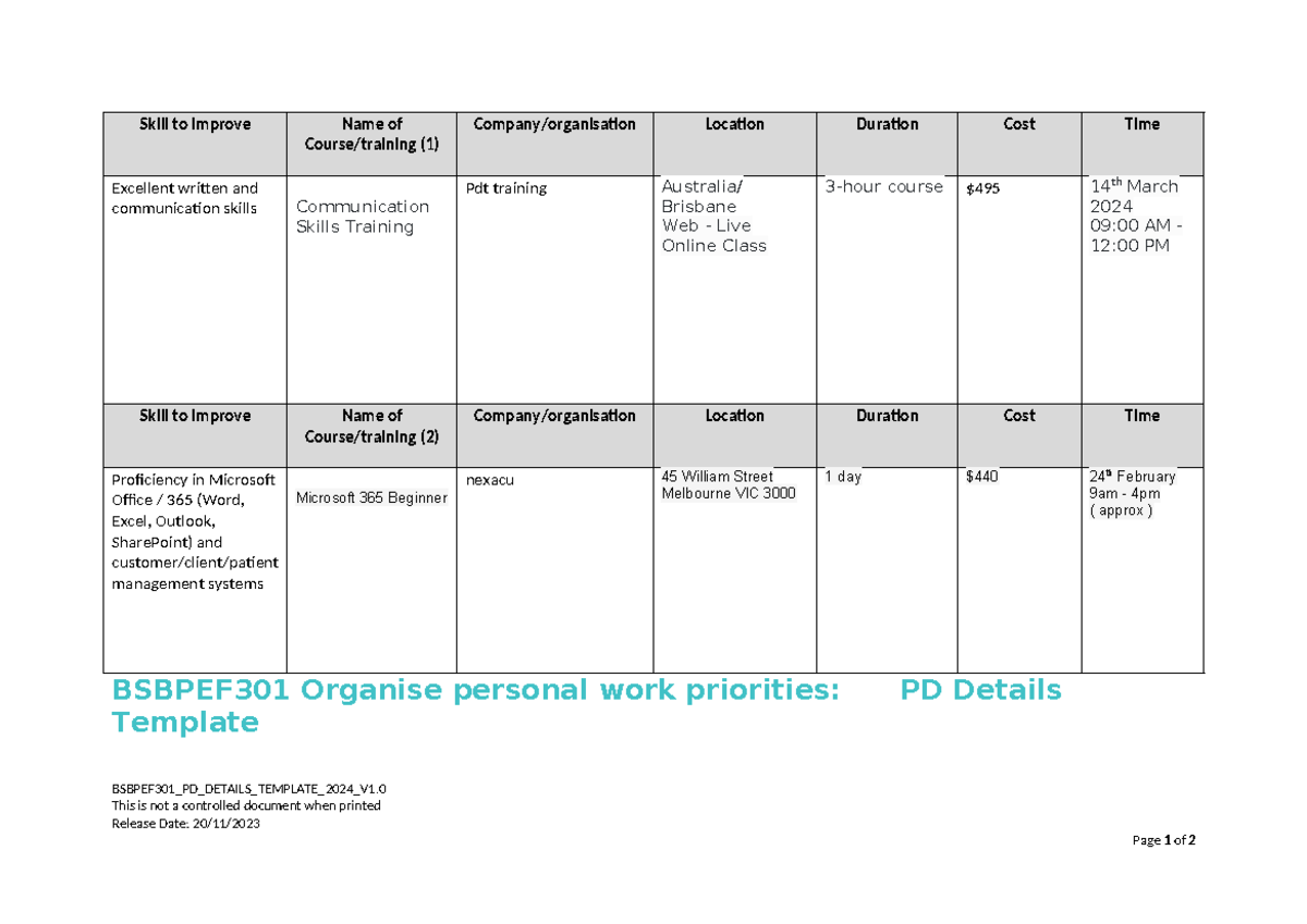 Bsbpef 301 PD Details Template - Skill to improve Name of Course ...