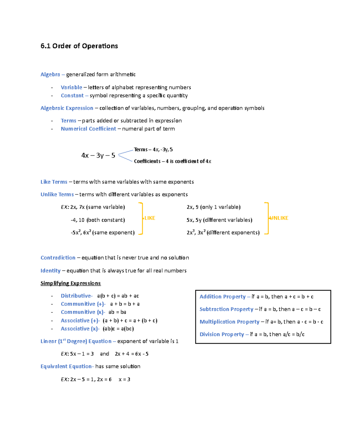 Ch. 6 Algebra, Graphs, Functions - 6 Order of Operations Algebra ...