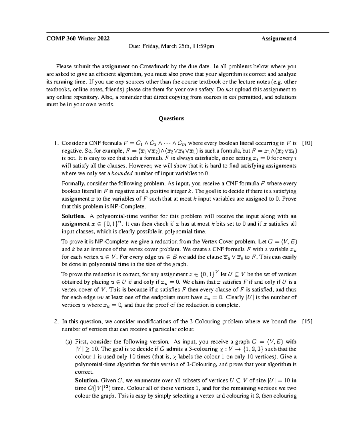 A4sol - Fourth Assignment Solutions - COMP 360 Winter 2022 Assignment 4 Due: Friday, March 25th ...