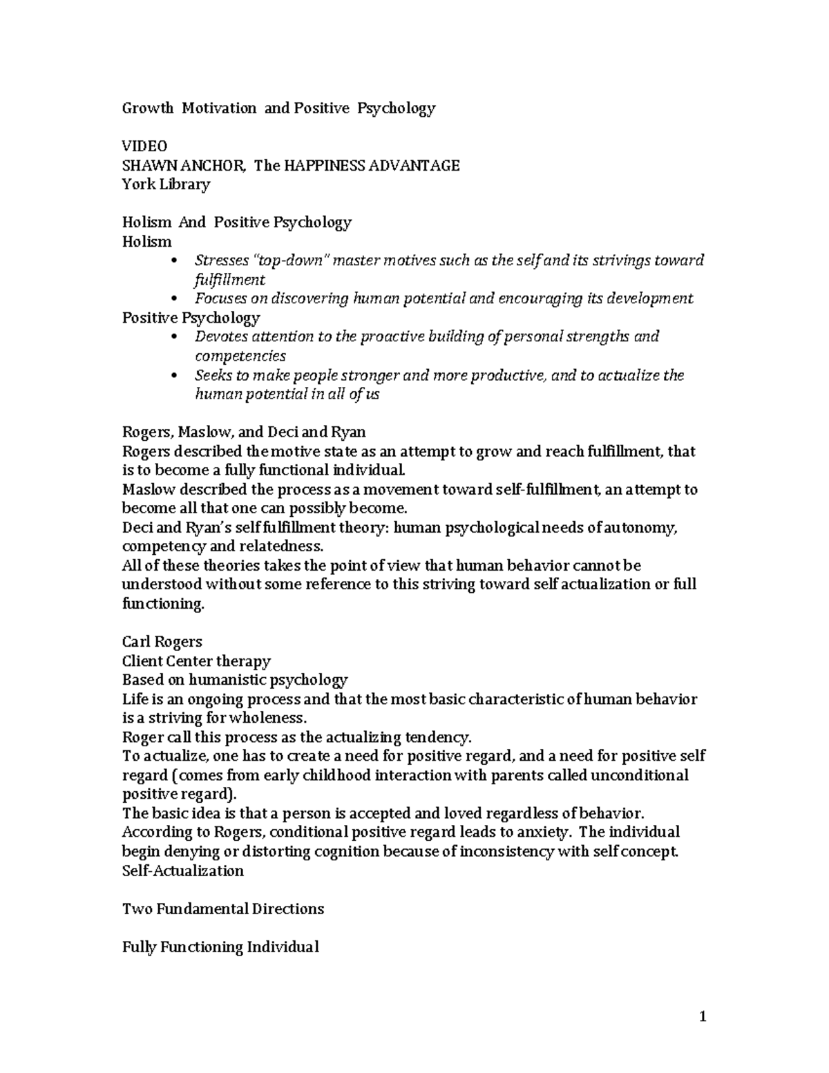 Notes for lecture 7 Pos psyc - Growth Motivation and Positive ...