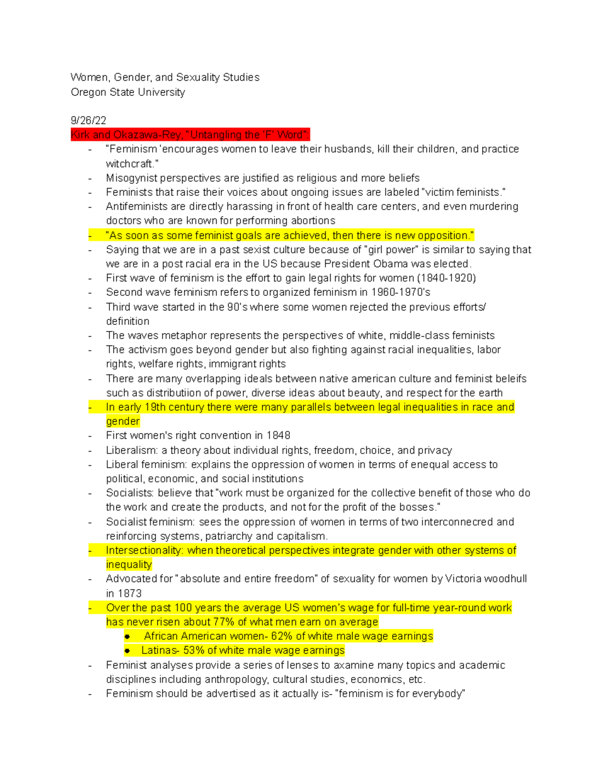 WGSS- Week 1 Readings - Women, Gender, and Sexuality Studies Oregon State University 9/26/ Kirk ...