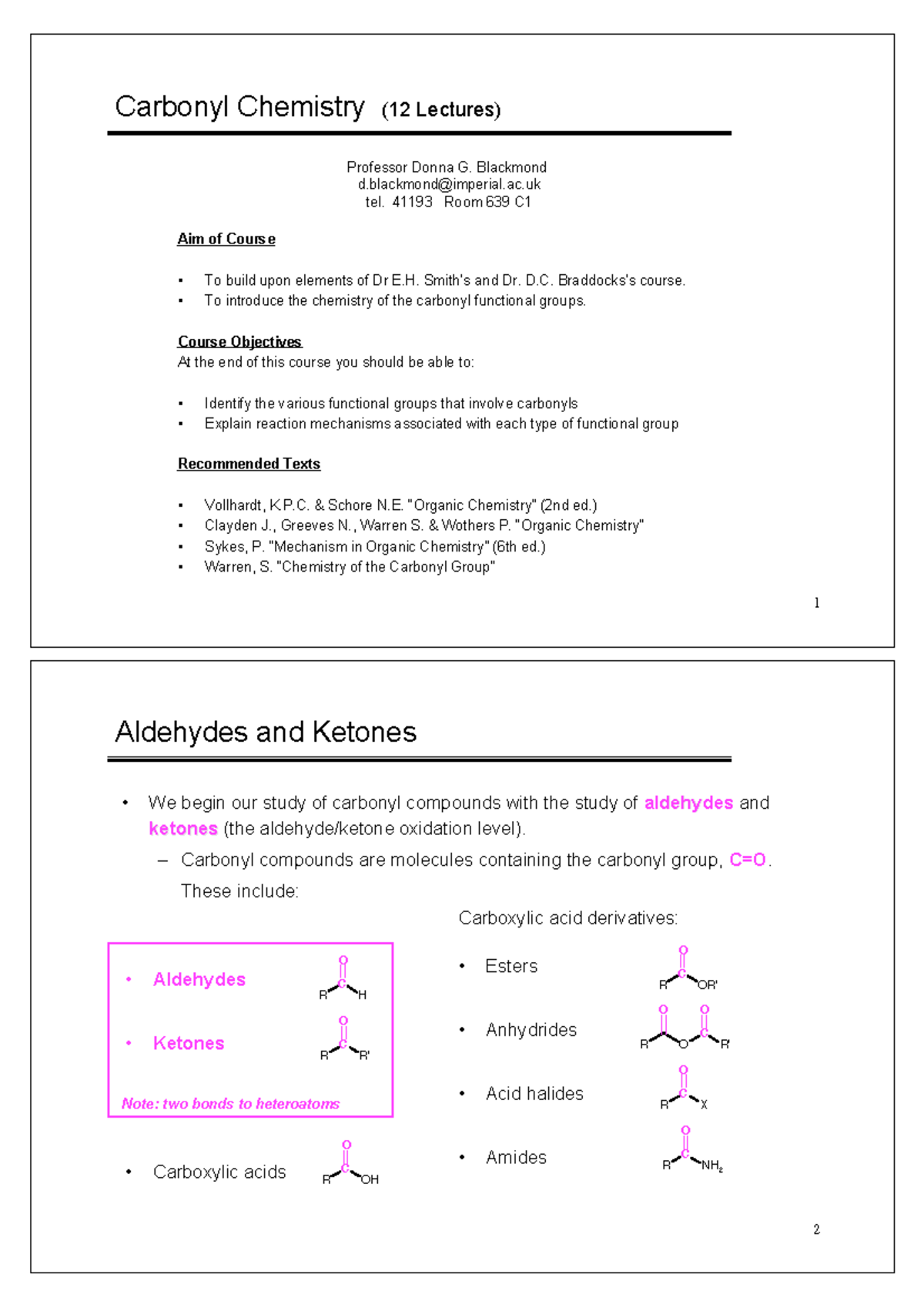 DB Carbonylnotes 1 - Carbonyl Comp Notes - 1 Carbonyl Chemistry (12 ...