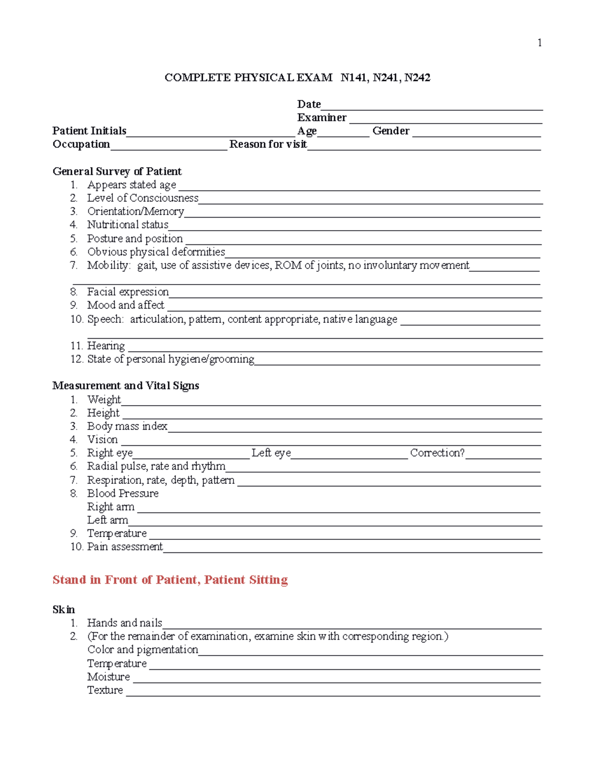 Complete Physical EXAM - COMPLETE PHYSICAL EXAM N141, N241, N - Studocu