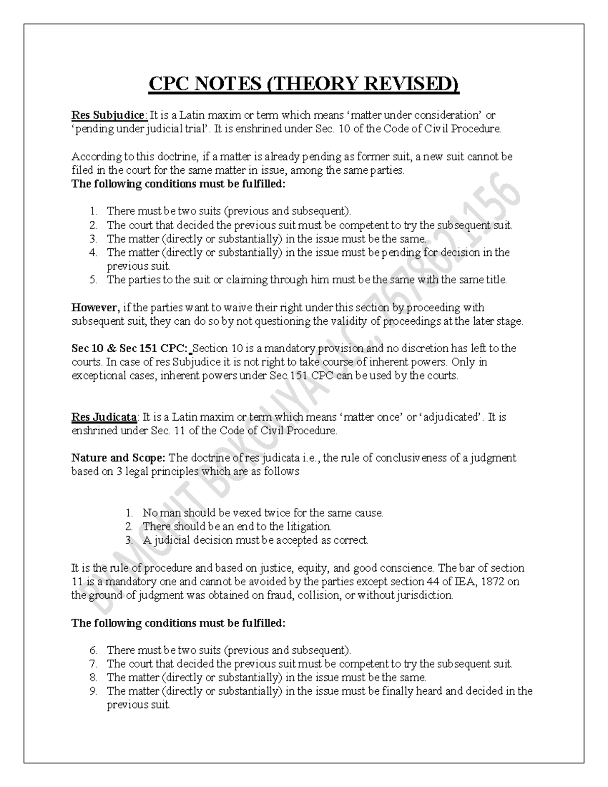 CPC Theory Notes Revised - CPC NOTES (THEORY REVISED) Res Subjudice: It ...