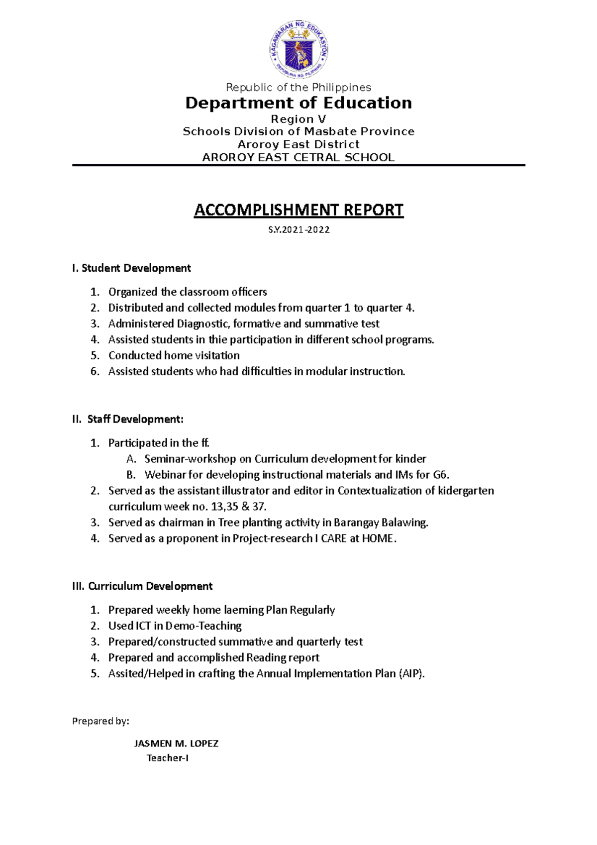 Accomplishment Report Jasmen - Republic of the Philippines Department ...