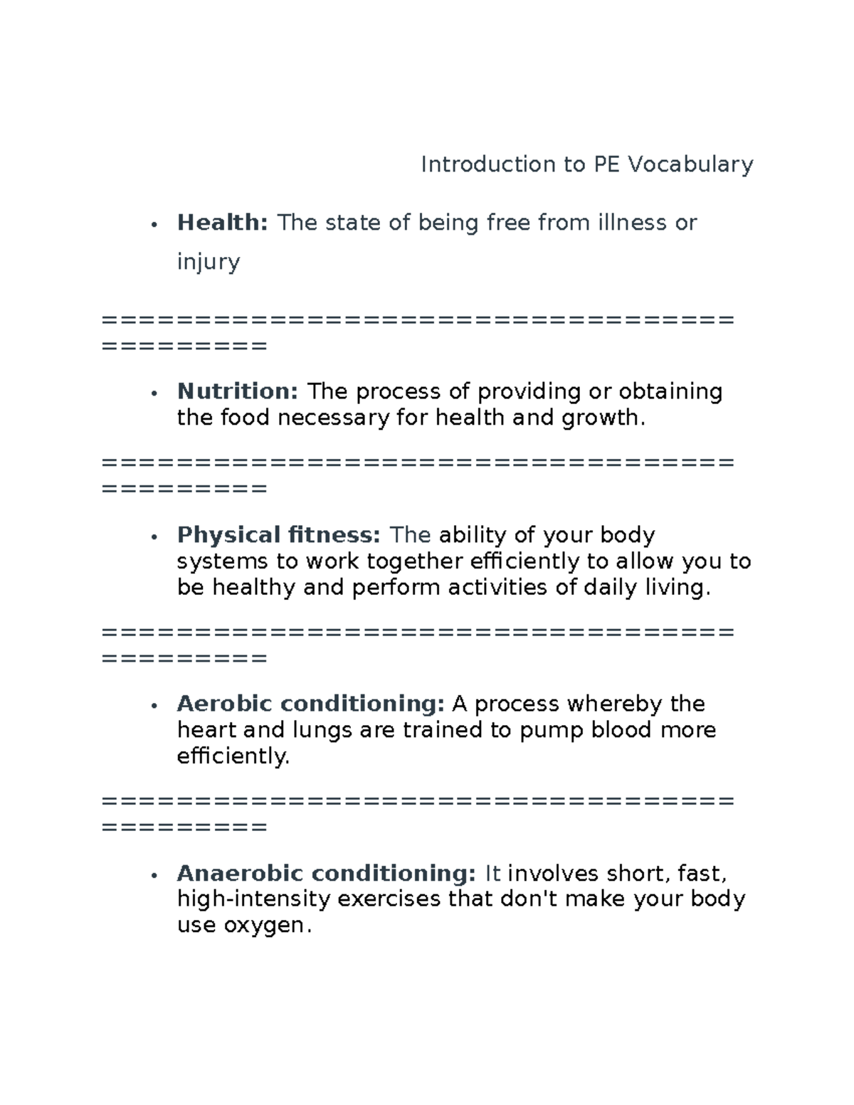 Introduction to PE Vocabulary ...