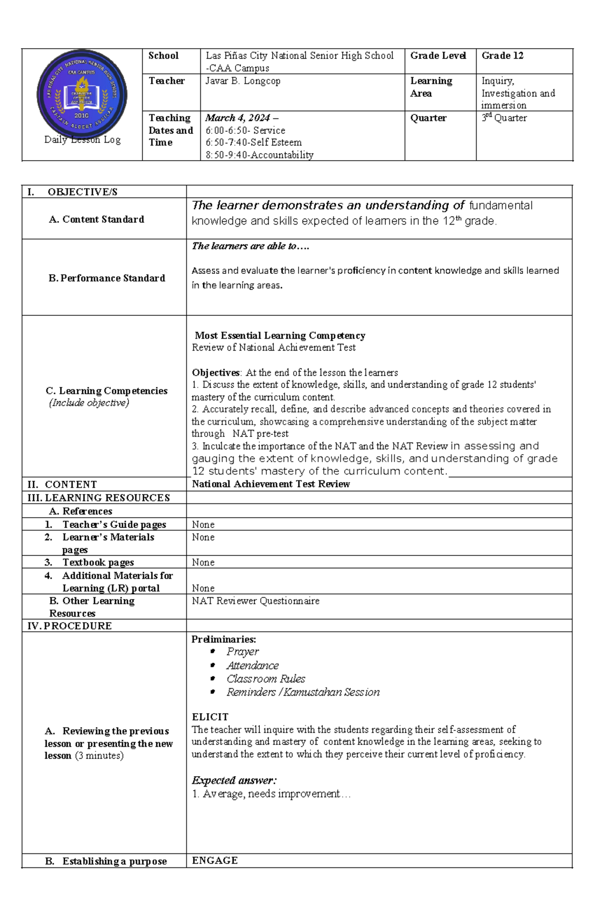 4-March-2024 -NAT- Review - Daily Lesson Log School Las Piñas City ...