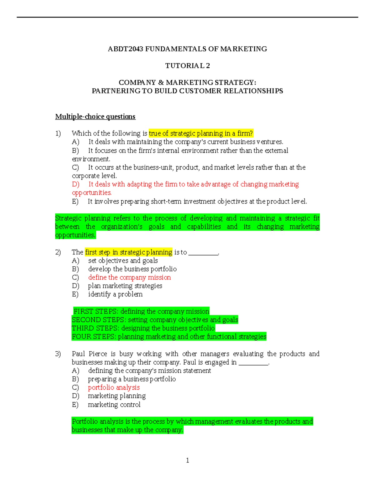 Marketing Tutorial Question and Answer Chapter 2 - UTAR - Studocu
