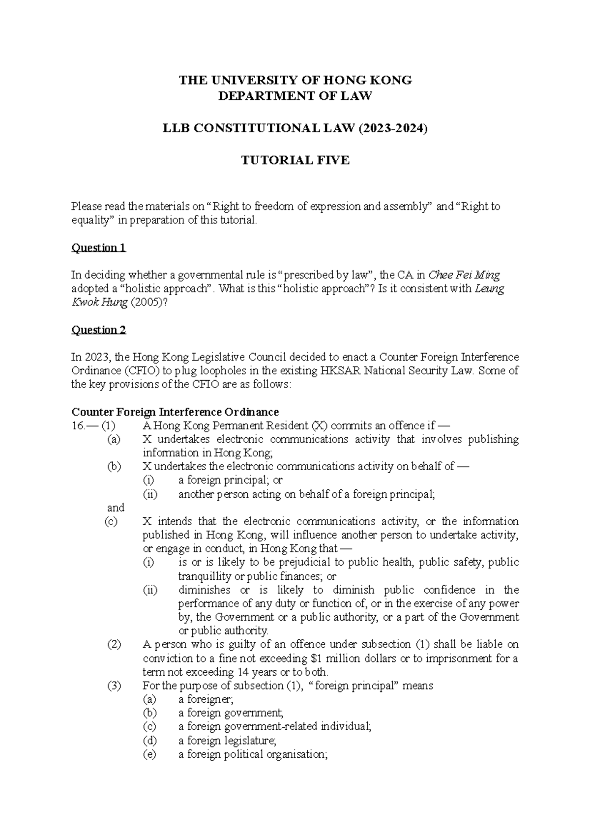 Tutorial 5 questions - THE UNIVERSITY OF HONG KONG DEPARTMENT OF LAW LLB CONSTITUTIONAL LAW ...
