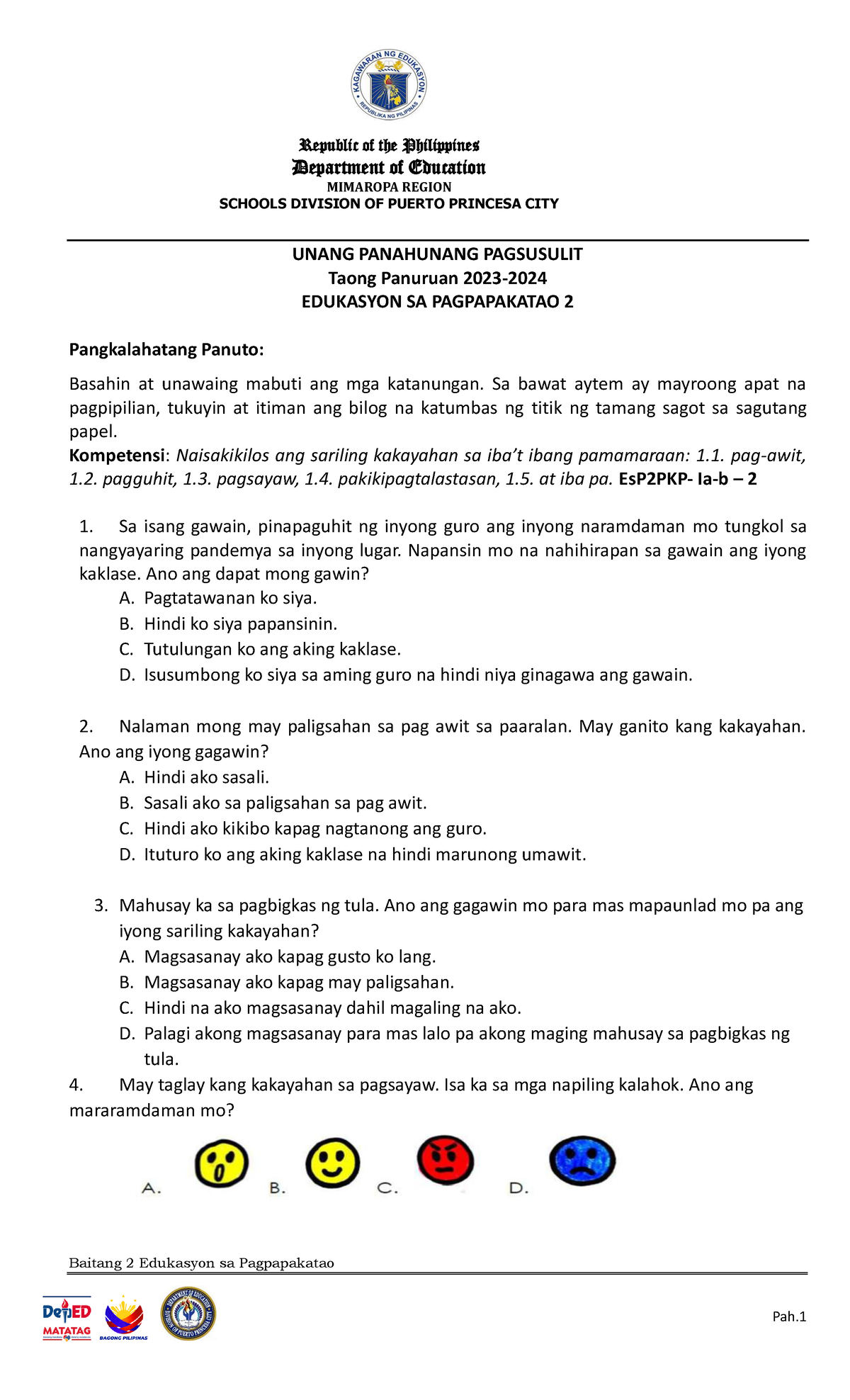 Q1 ESP2 Pamanahong Pagsusulit 2 - Baitang 2 Edukasyon sa Pagpapakatao ...