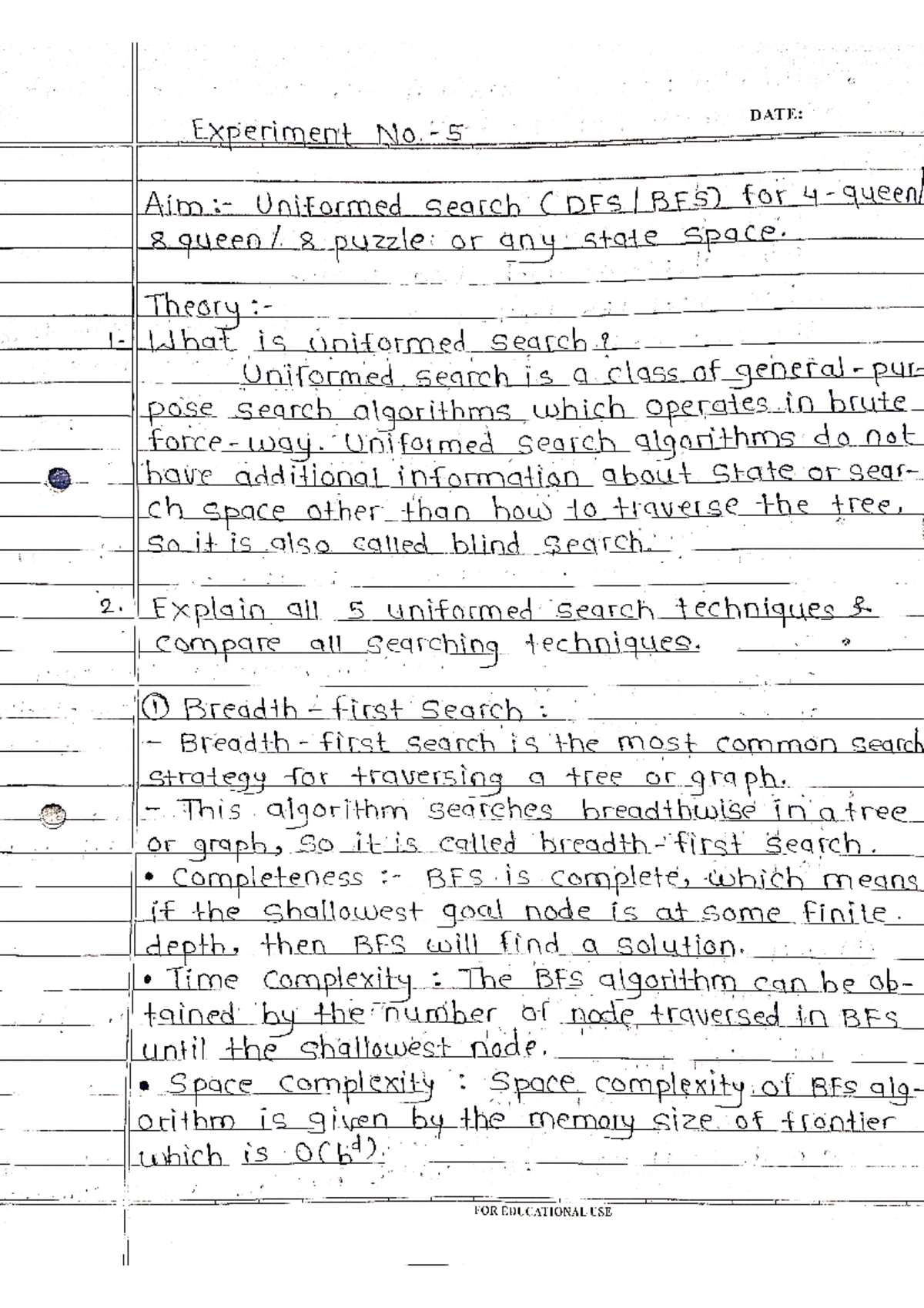 AI Exp - Experiments - DATE: Experiment No 5 Uniformed search for 4 queen 8 queen 8 puzzle or ...