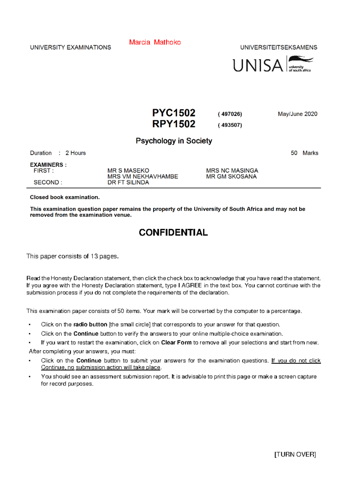 PYC1502 - MAY JUNE 2020 - Summary of notes - [TURN OVER] CONFIDENTIAL ...