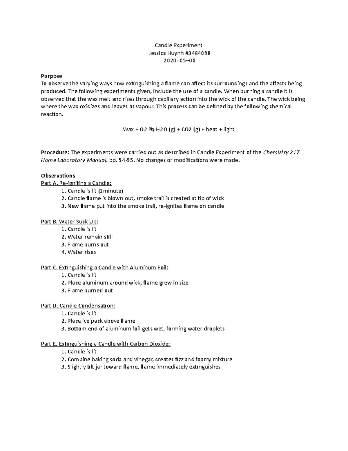 Candle Experiment - CHEM AU - Candle Experiment Jessica Huynh # 2020 ...
