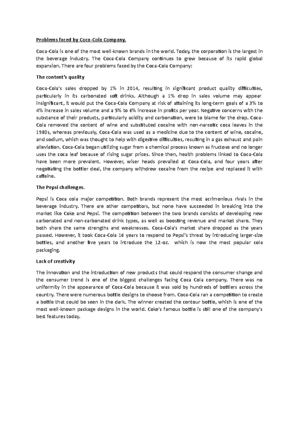 Coca-cola problem- operation managment - Problems faced by Coca-Cola ...