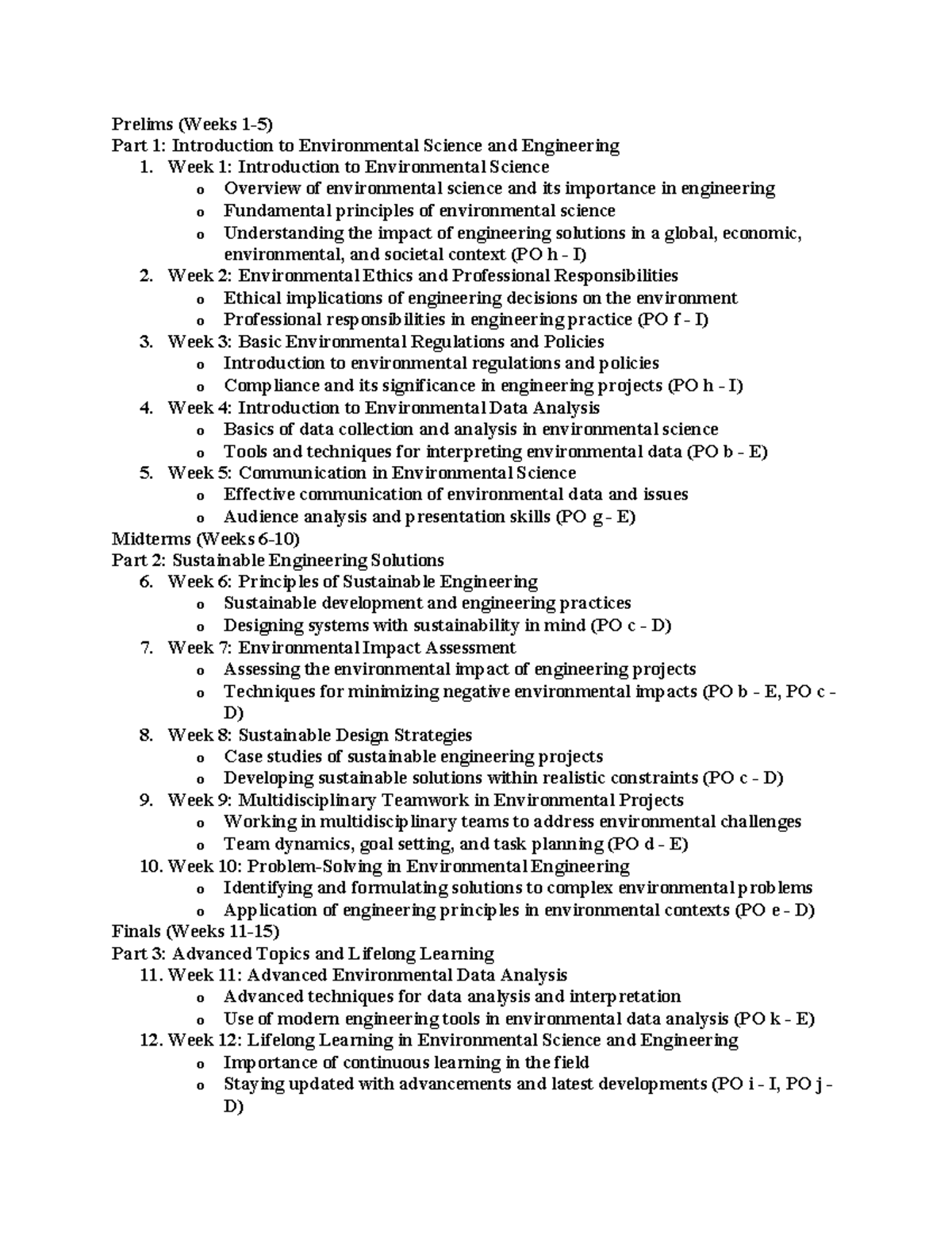 Environmental Science and Engineering Course Outline - Prelims (Weeks 1 ...