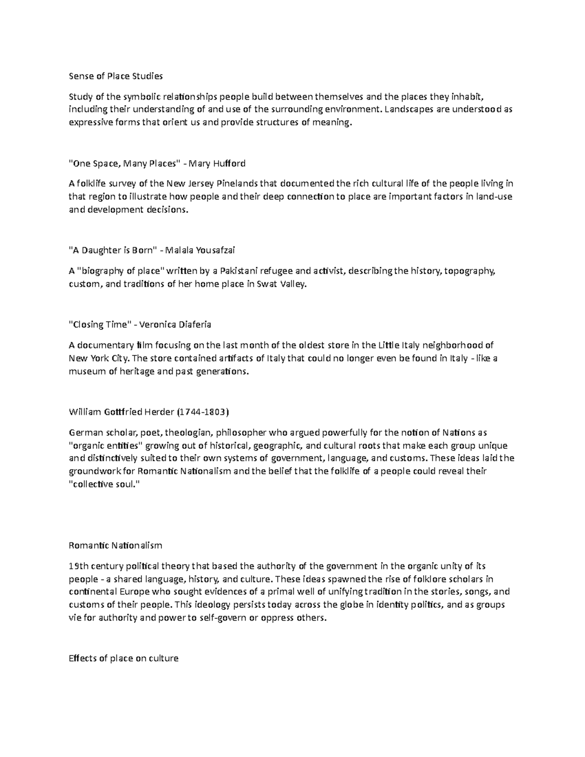 Sense of Place lecture notes 1 - Sense of Place Studies Study of the ...