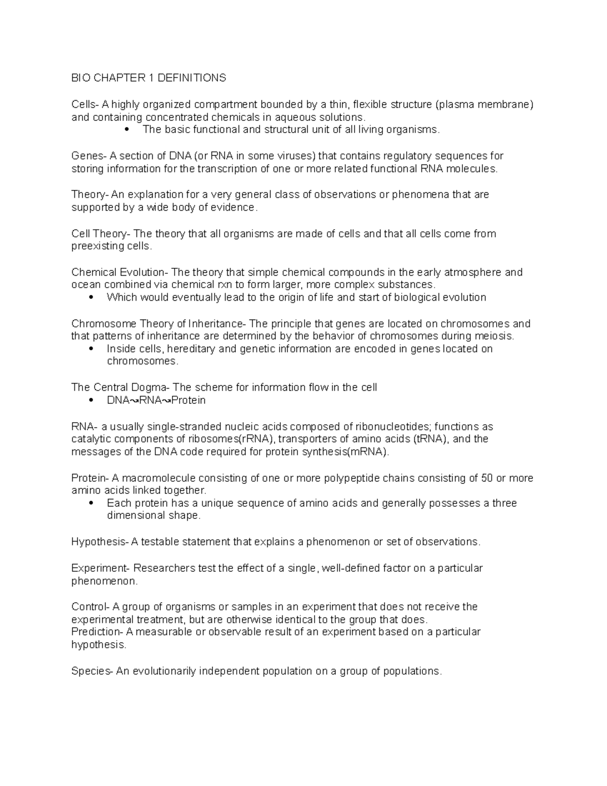 BIO Chapter 1 Definitions - BIO CHAPTER 1 DEFINITIONS Cells- A highly ...