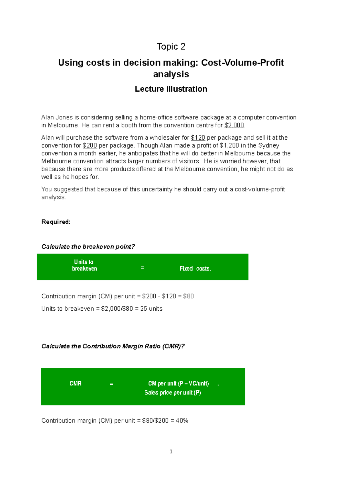 Lecture illustration Topic 2 Cost-Volume-Profit analysis - Topic 2 ...