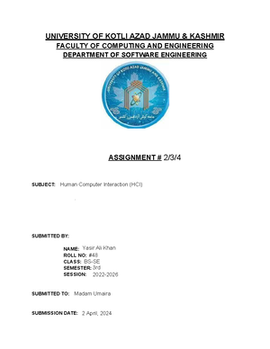 Assignment Cover Page - Software Engineering - UNIVERSITY OF KOTLI AZAD ...