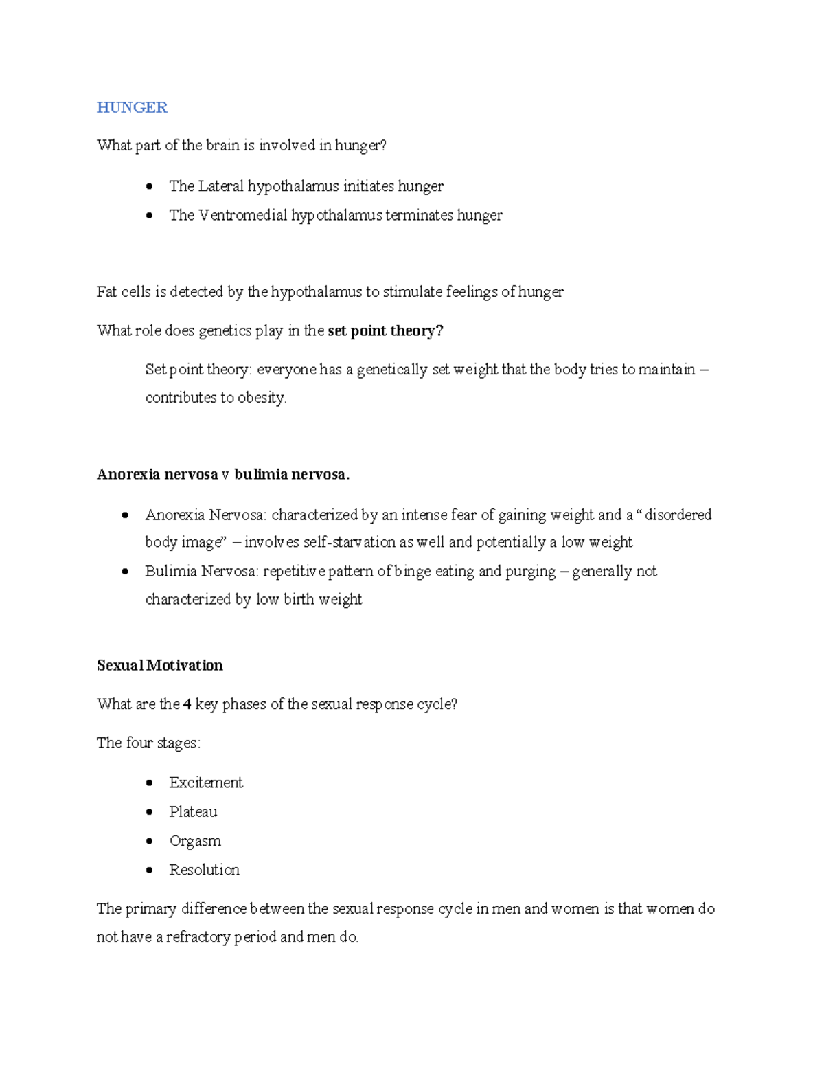 PSYC 1301 E2 -6 - HUNGER - HUNGER What part of the brain is involved in ...