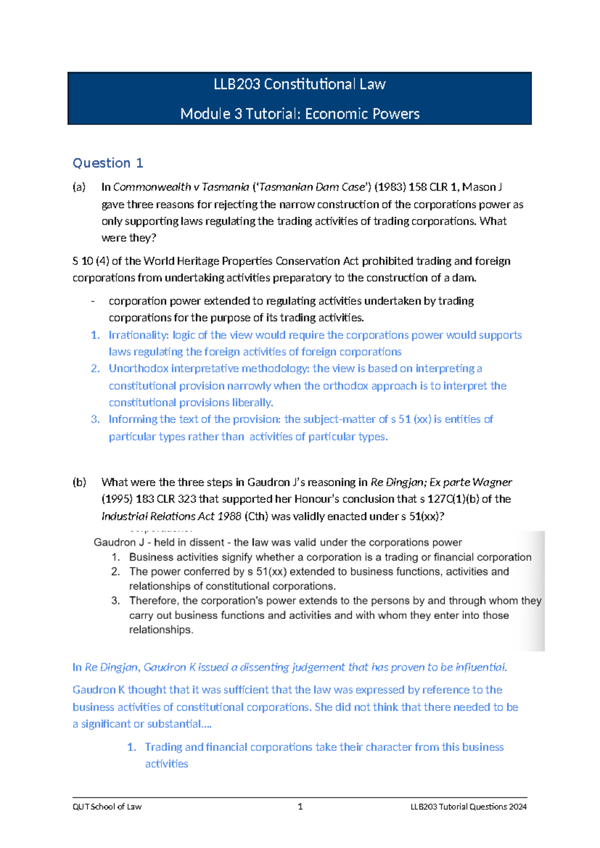 Module 3 Tutorial Questions - Economic Powers - LLB203 Constitutional ...
